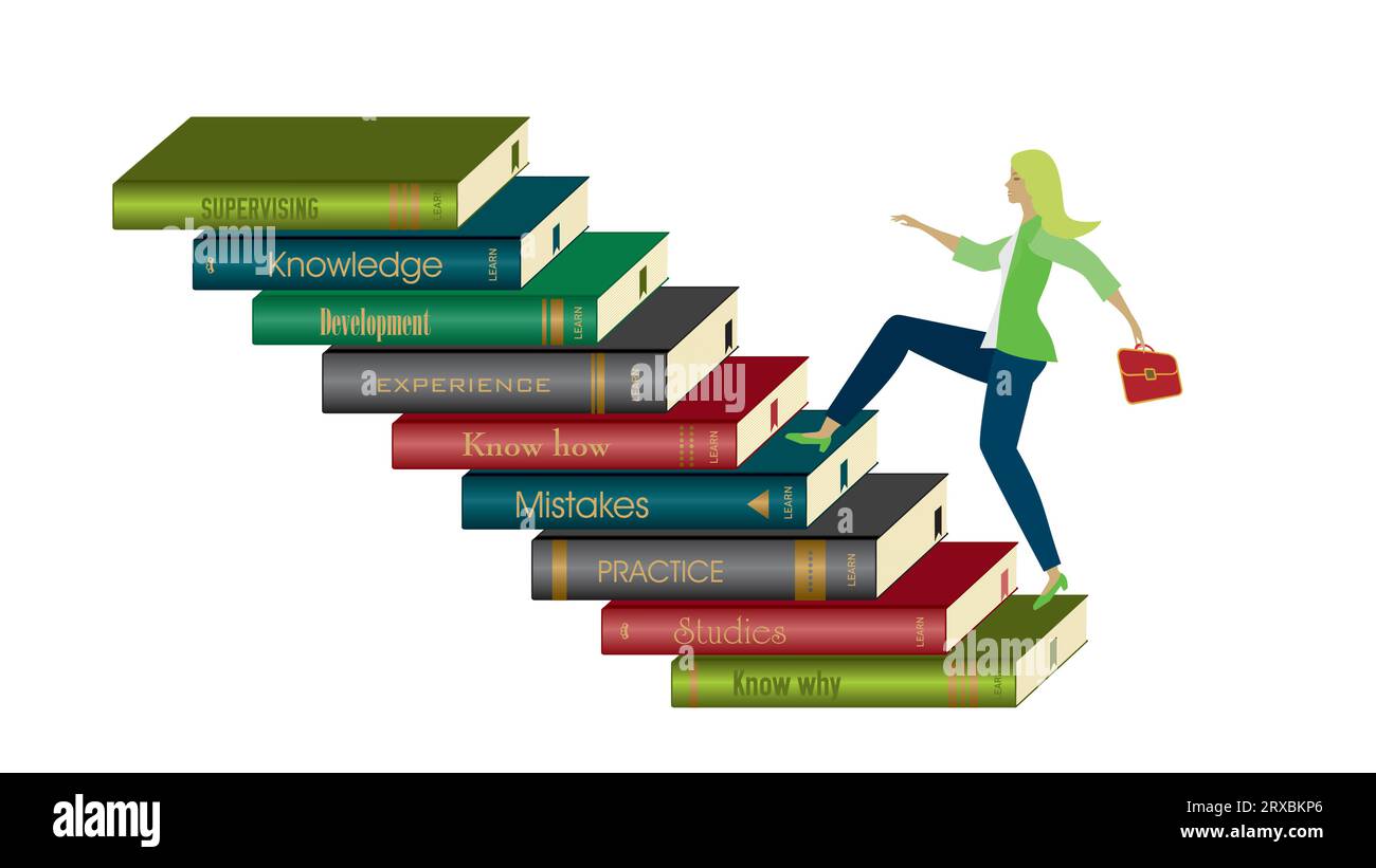 Woman running upstairs on pile of books. Isolated. Vector illustration ...