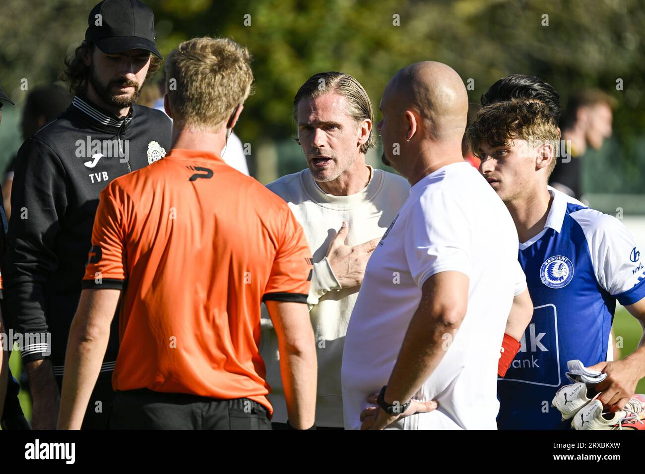 Gent, Belgium. 24th Sep, 2023. Lokeren's head coach Hans Cornelis ...