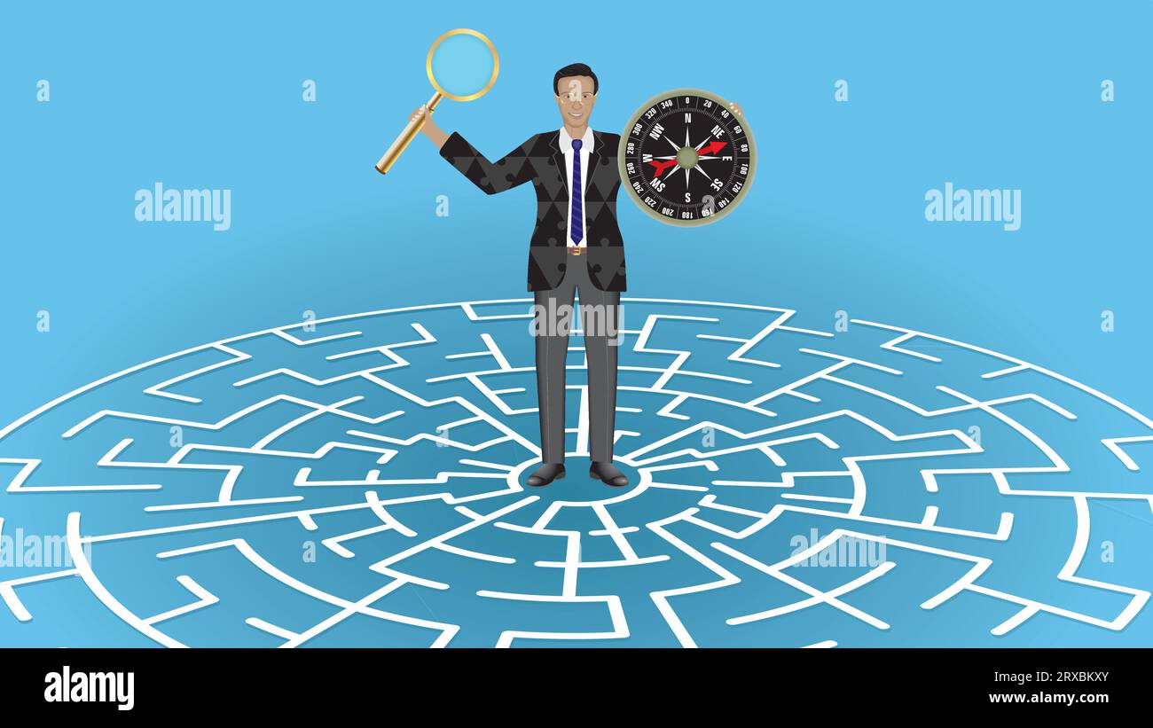 Businessman with magnifying glass and compass, standing on labyrinth ...