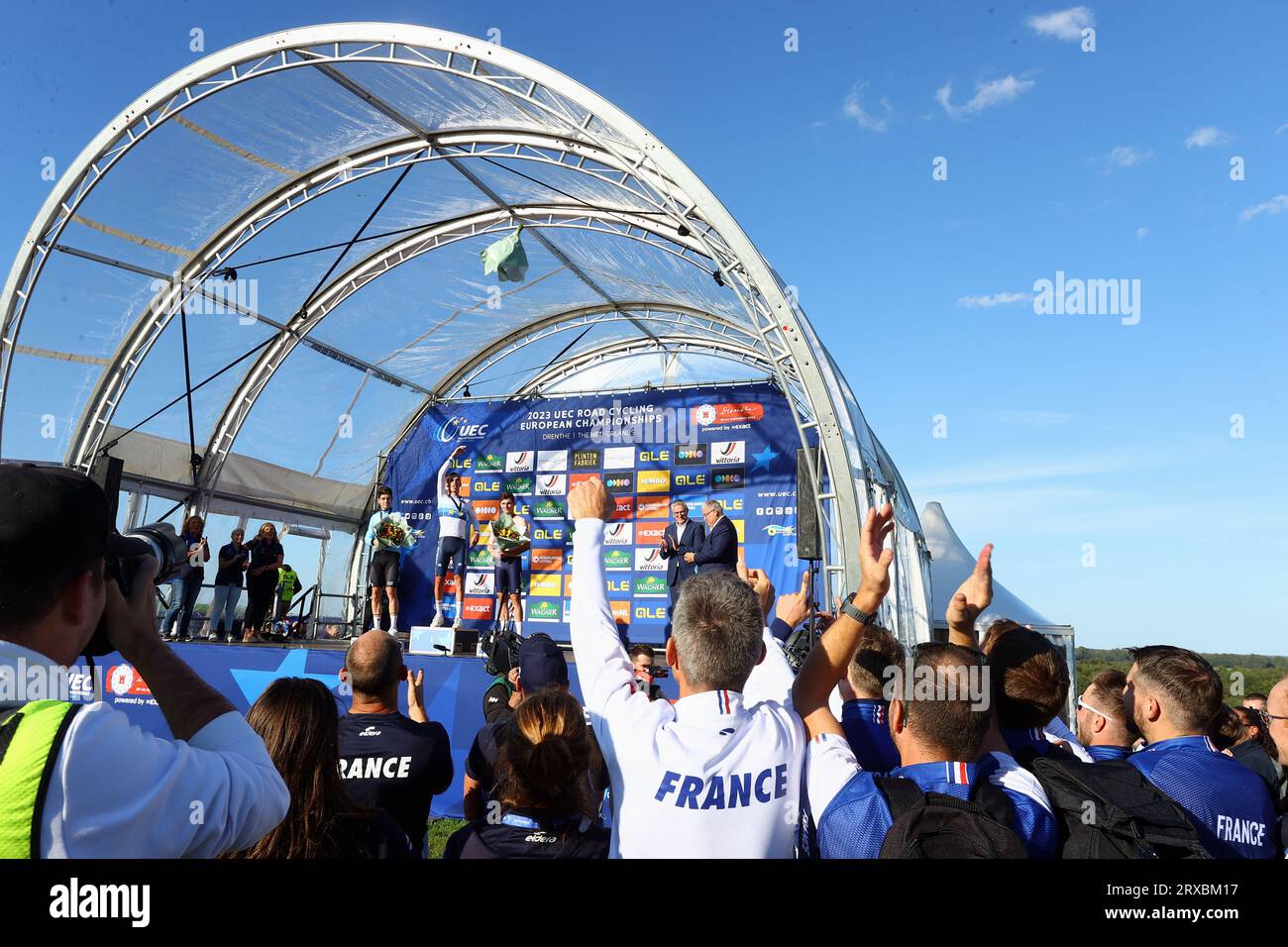 Wijster, Netherlands. 24th Sep, 2023. Belgian Wout van Aert, French Christophe Laporte and Dutch ...