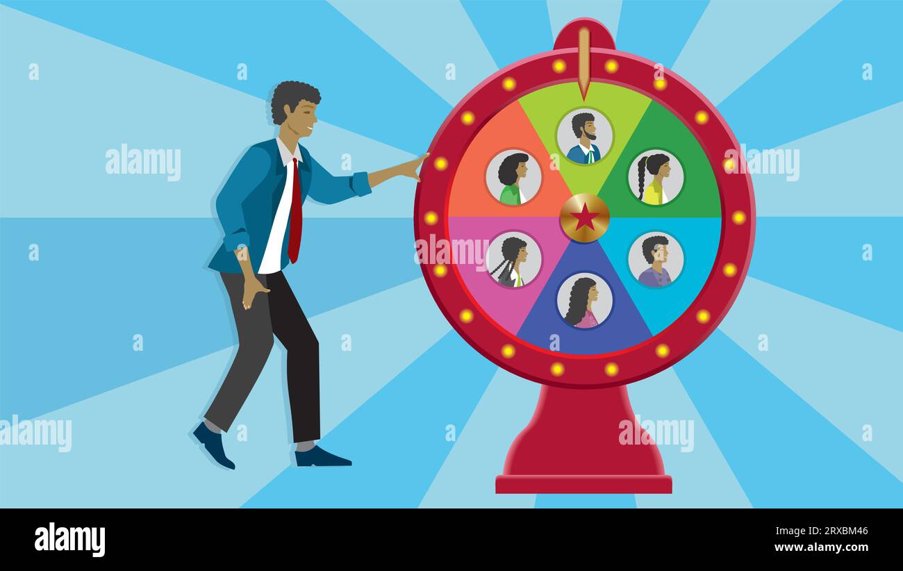 Man at spinning wheel, wheel of fortune with different possible winners ...