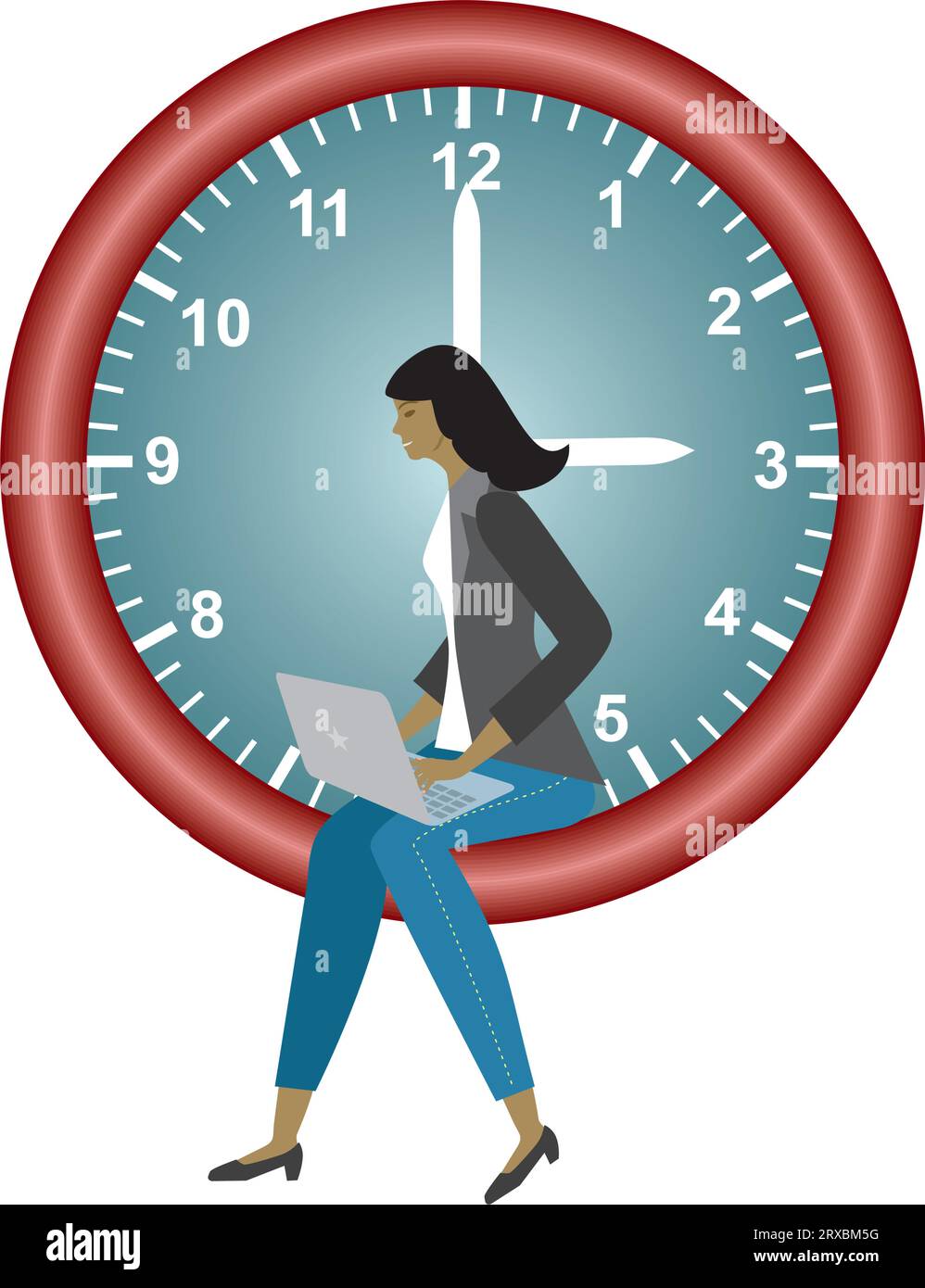 Woman with laptop sitting in clock. Time management, deadline. Isolated ...