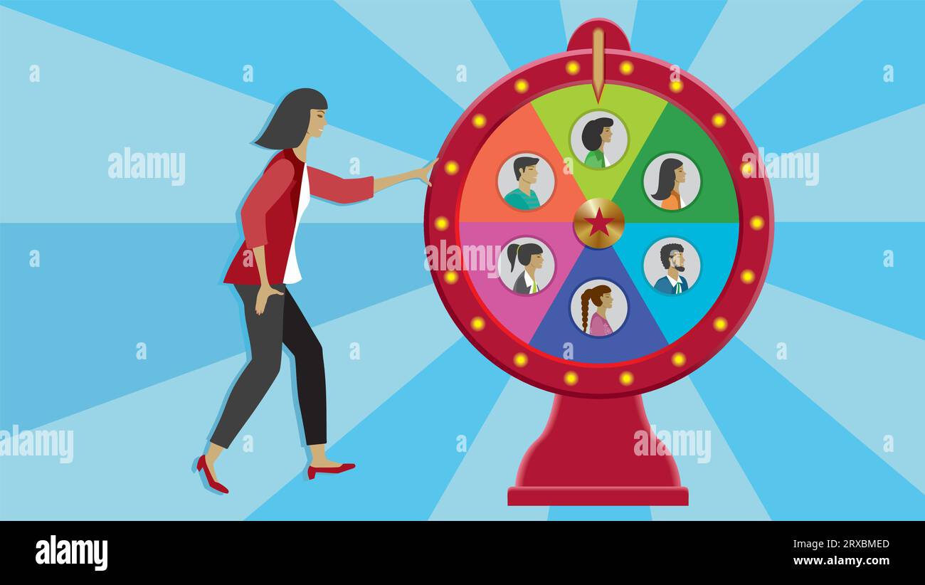 Woman at wheel of fortune. Who will win? Dimension 16:9. Vector ...