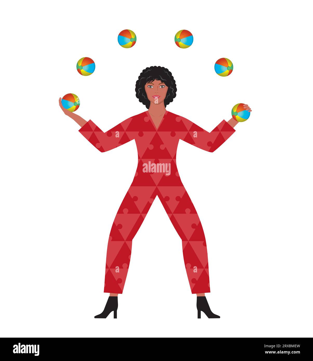 Woman juggling with balls. Multitasking, coordinate. Costume with ...