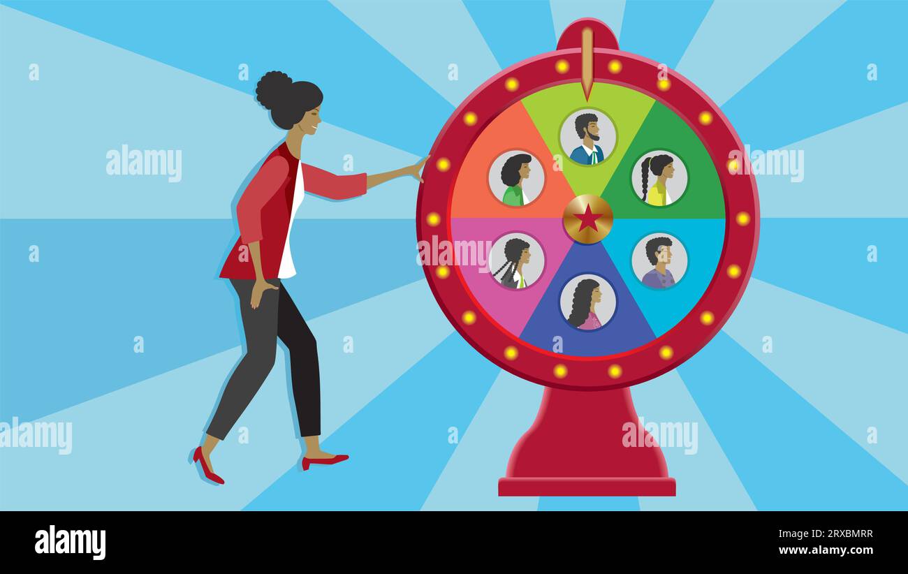 Woman at wheel of fortune. Who will win? Dimension 16:9. Vector ...