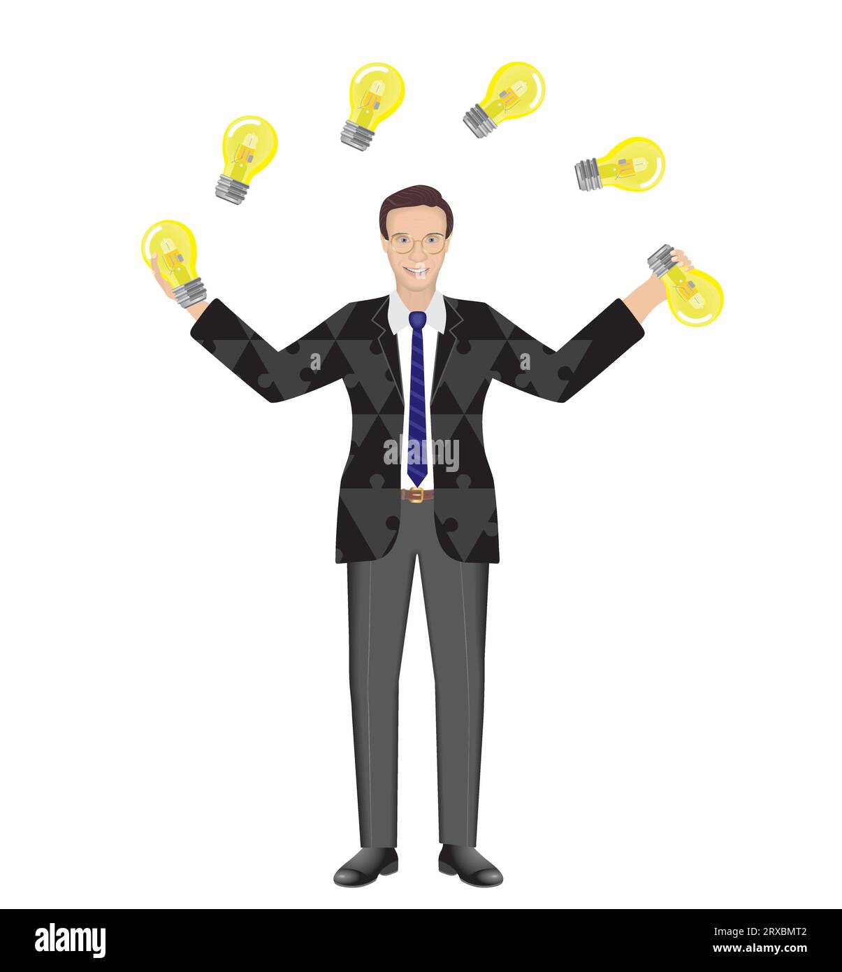 Businessman juggling with ideas, light bulbs. Dressed in suit with ...