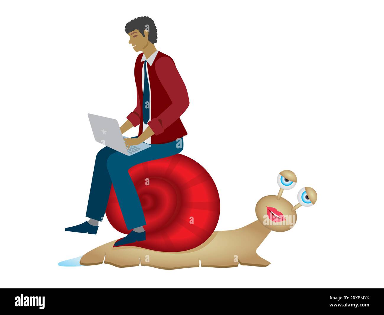 Man with laptop riding on tired snail. Isolated. Vector illustration ...