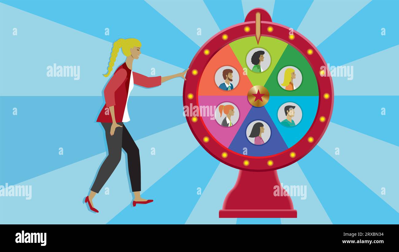 Woman at wheel of fortune. Who will win? Dimension 16:9. Vector ...