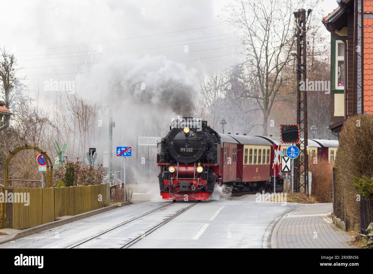 A steam train of the Harz narrow gauge railway travelling towards the ...