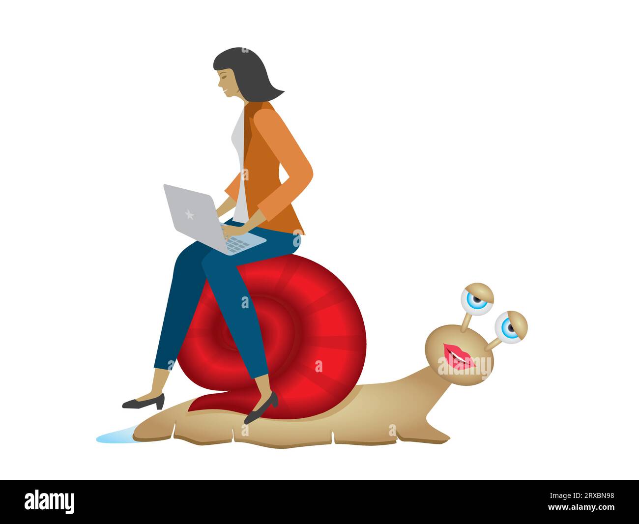 Woman with laptop riding on tired snail. Isolated. Vector illustration ...