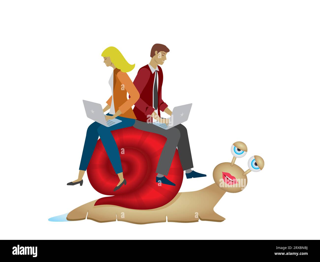 Man and woman with laptops riding on slow tired snail. Isolated. Vector ...