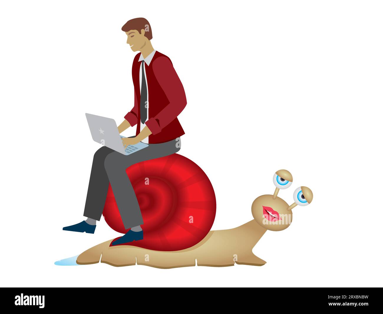 Man with laptop riding on tired snail. Isolated. Vector illustration ...