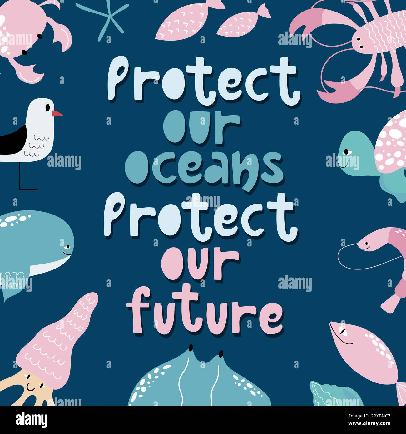 Poster for kids Protect our oceans, protect our future. Hand drawn ...