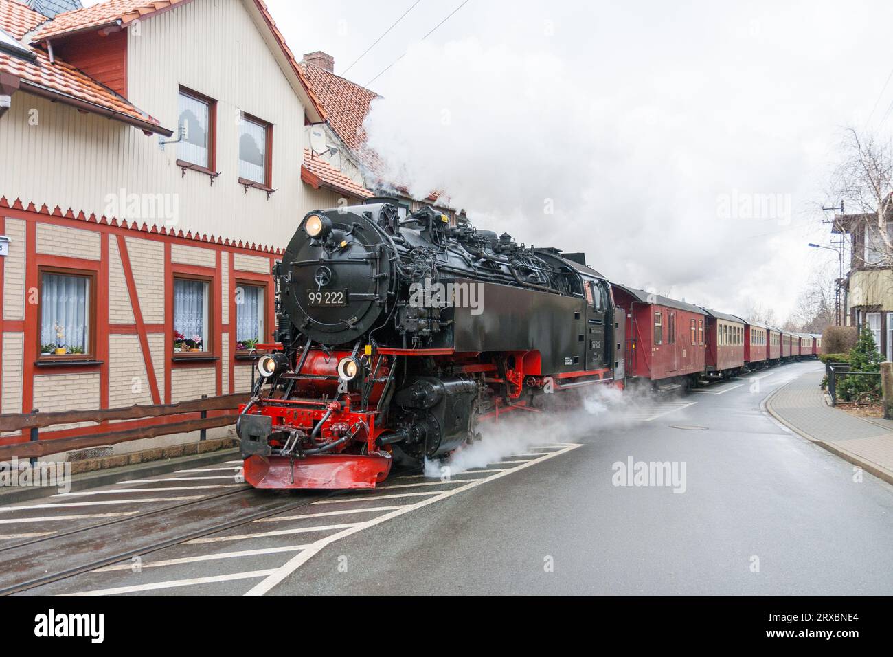 A steam train of the Harz narrow gauge railway travelling towards the ...