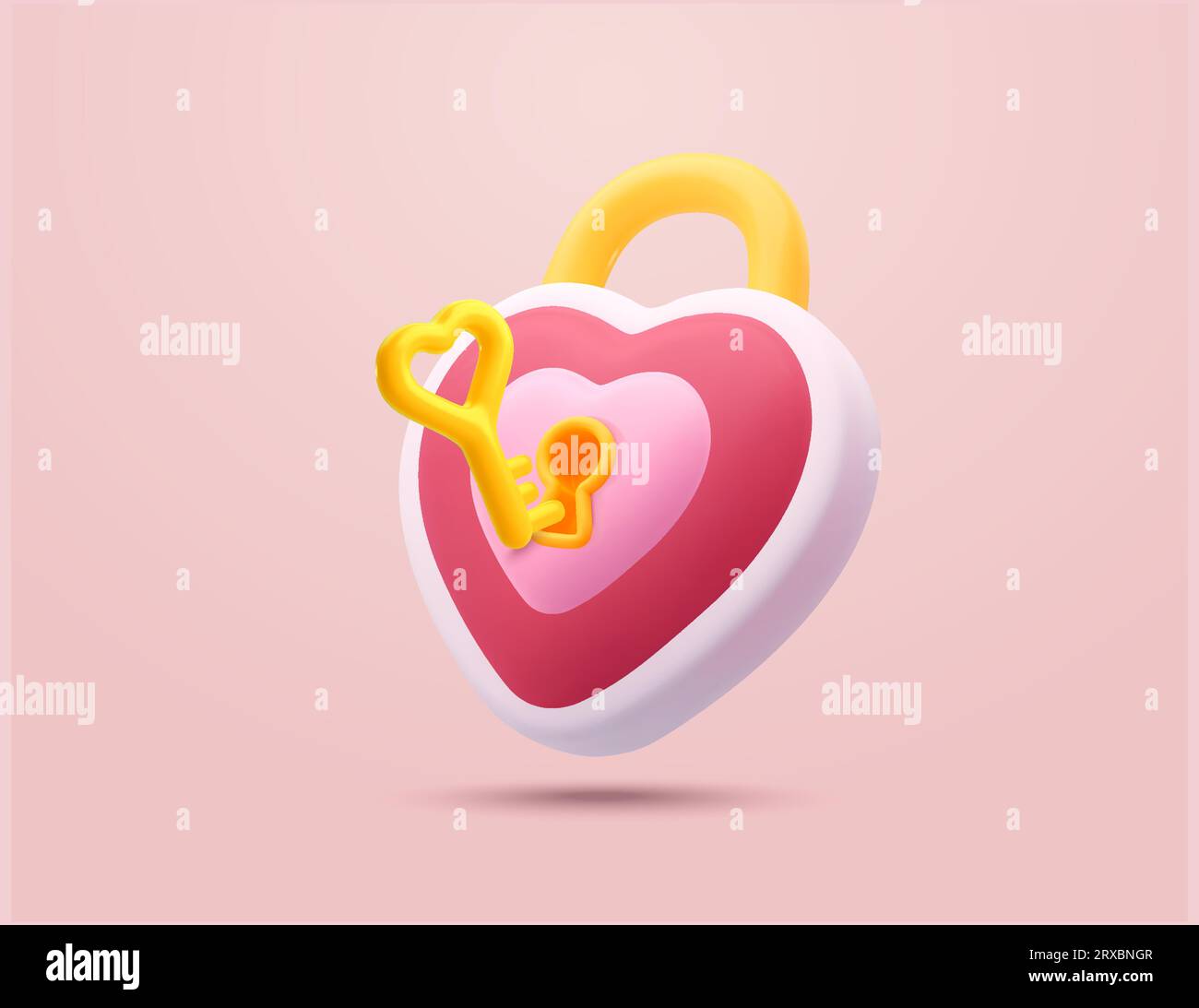 Minimal pink heart shaped lock with a golden key. 3d rendered heart ...