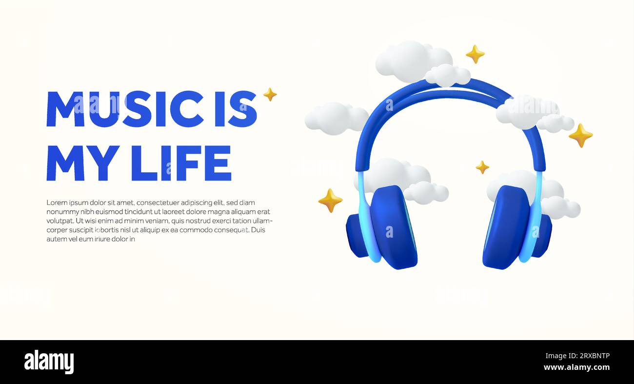 3d music banner template with headphone and clouds. Music landing page ...