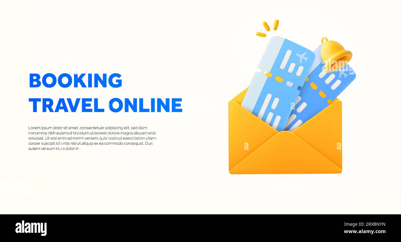 Online booking and travel banner template. 3d rendered yellow envelope ...