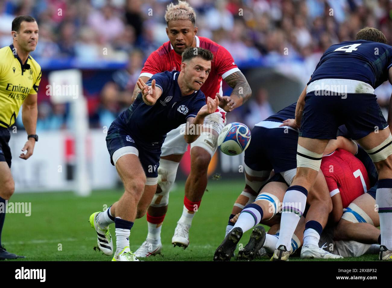 Scotland's Ben White throws the ball during the Rugby World Cup Pool B ...