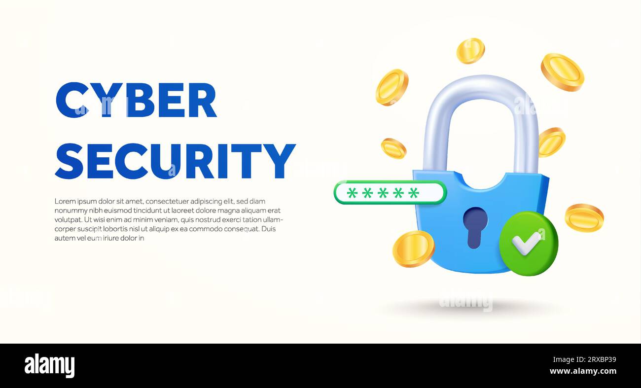 3d cyber network security service banner template with lock, password, checkmark and coins ...