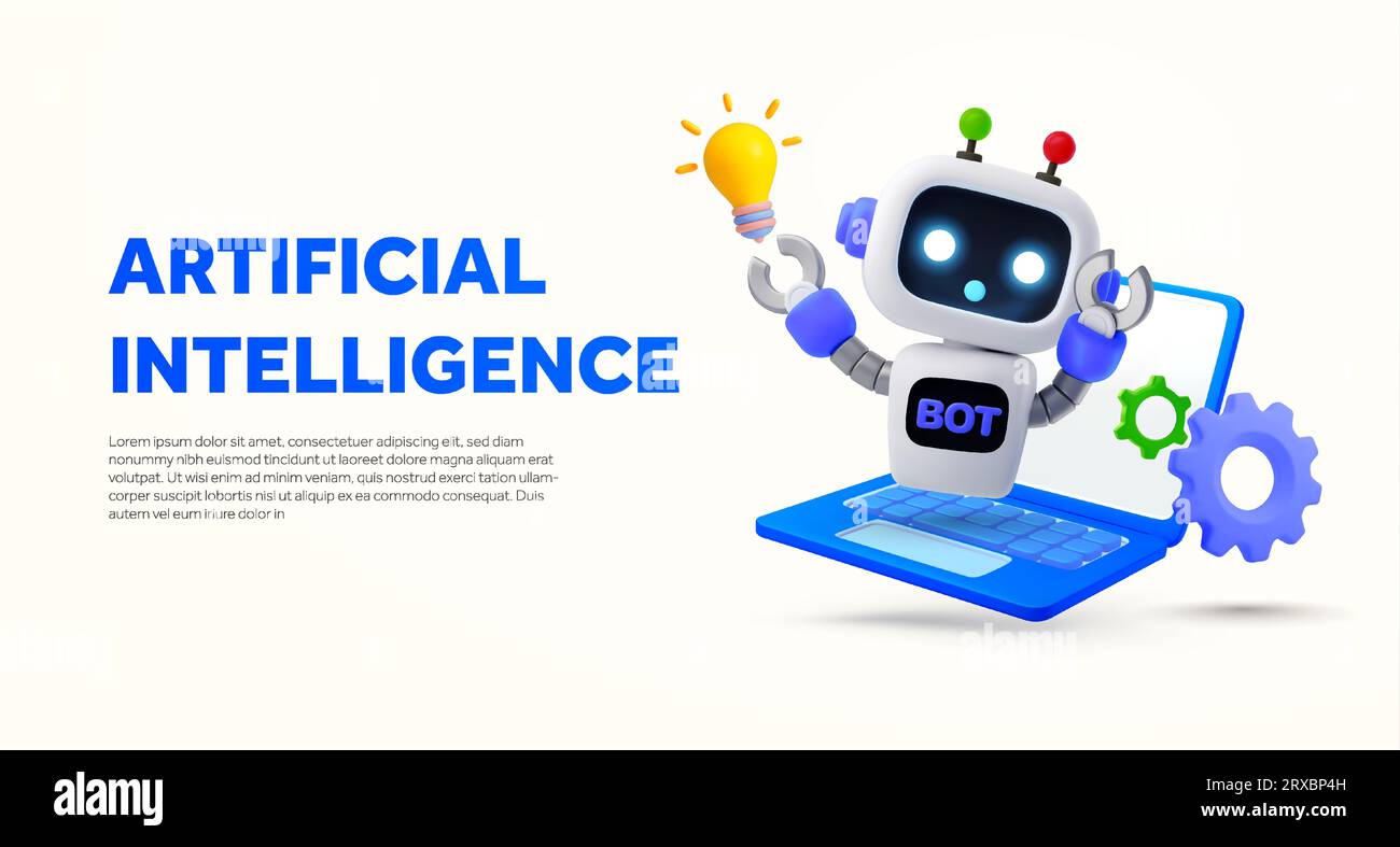 Artificial intelligence banner template with robot, laptop, gears and bulb. Generative AI ...