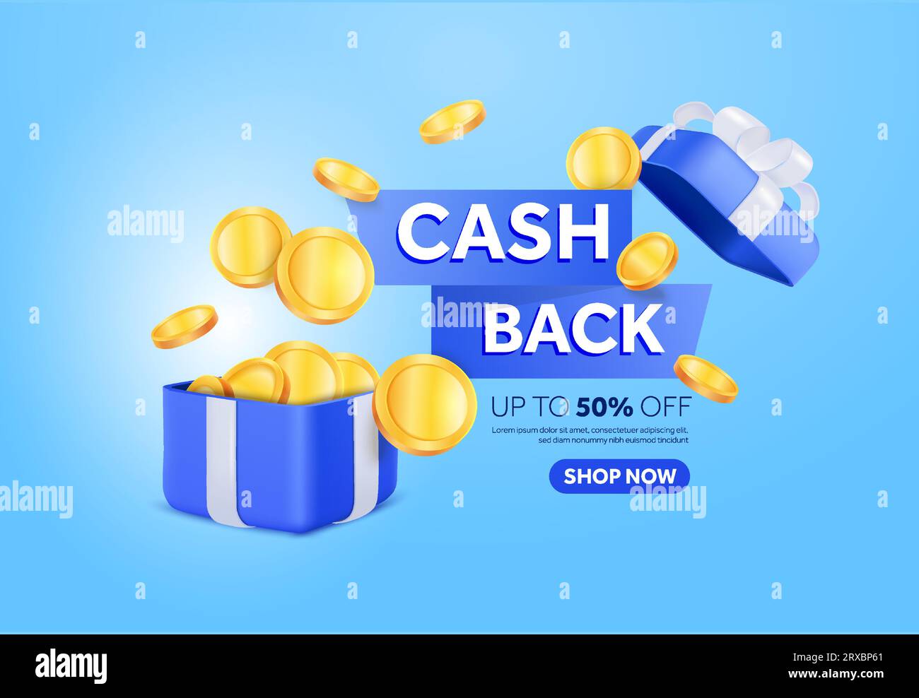 3d cash back banner template, amount up to 50% off with gift box, coins ...