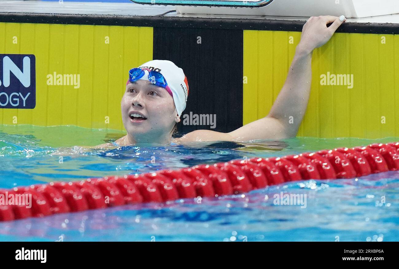 Hangzhou, China's Zhejiang Province. 24th Sep, 2023. Siobhan Haughey of China's Hong Kong reacts ...