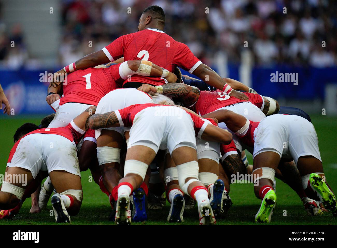 Tonga's players contest a scrum during the Rugby World Cup Pool B match ...
