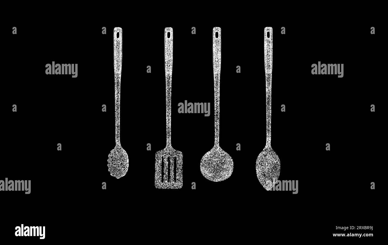 3D set of different cutlery rotates on black background. Kitchen and ...