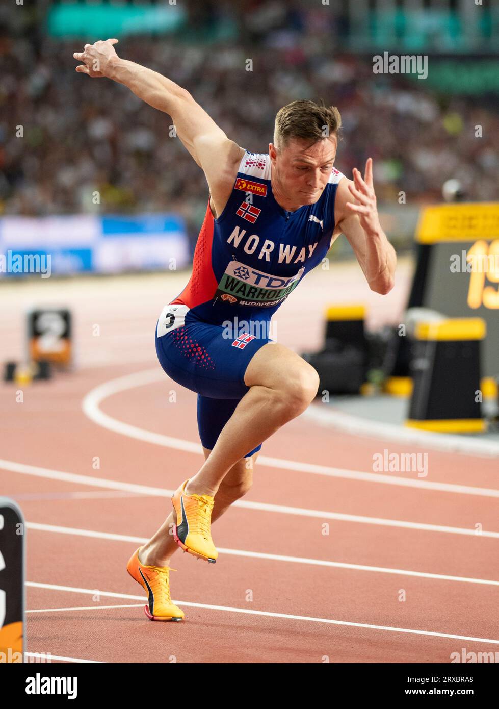 Karsten Warholm of Norway competing in the 400m hurdles semi-finals at ...