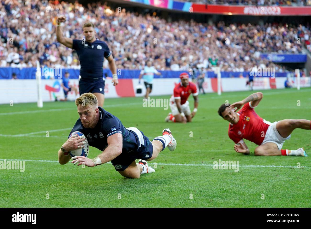 Scotland's Kyle Steyn scores a try during the Rugby World Cup 2023 ...