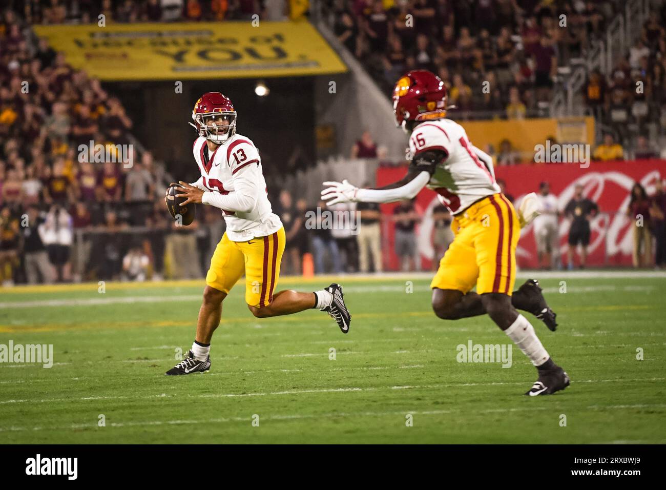 Southern California Trojans quarterback Caleb Williams (13) looks down ...