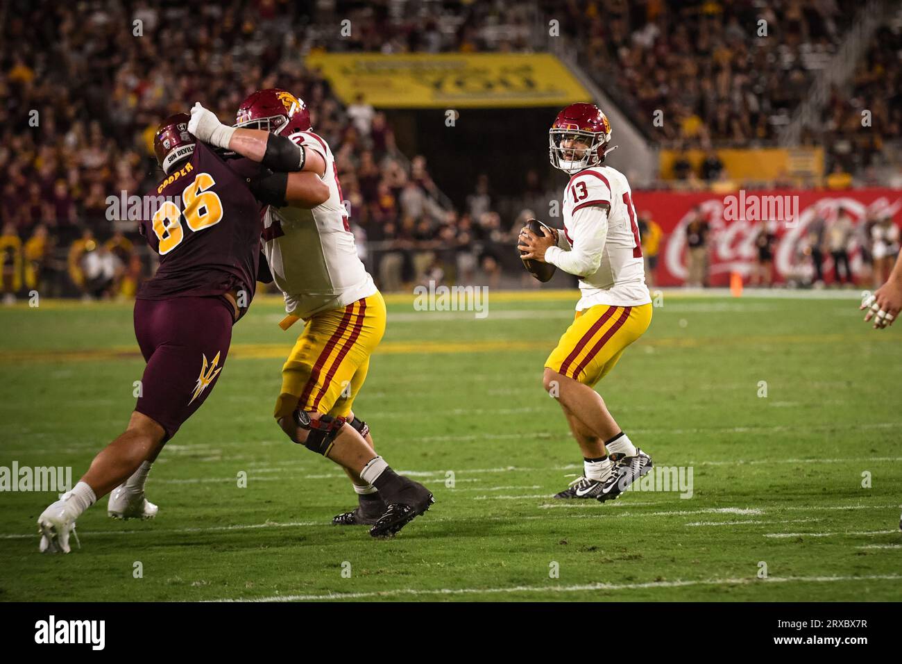 Southern California Trojans quarterback Caleb Williams (13) looks down ...