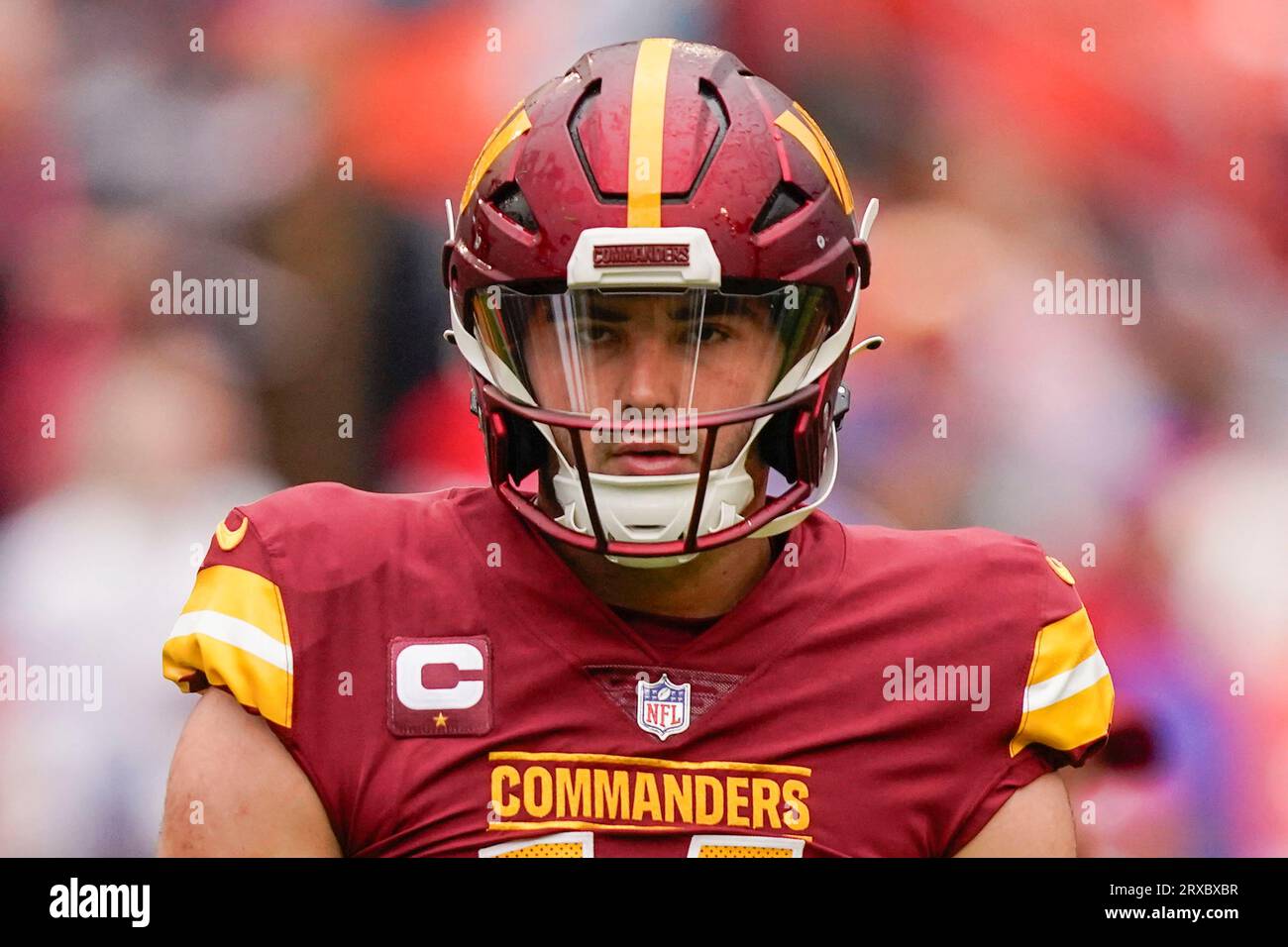 Washington Commanders quarterback Sam Howell (14) before the start of ...