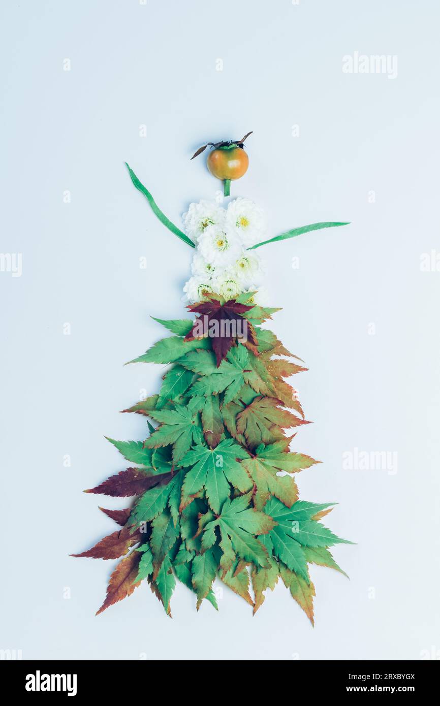 female figure, woman made from green autumnal leaves, isolated on white ...