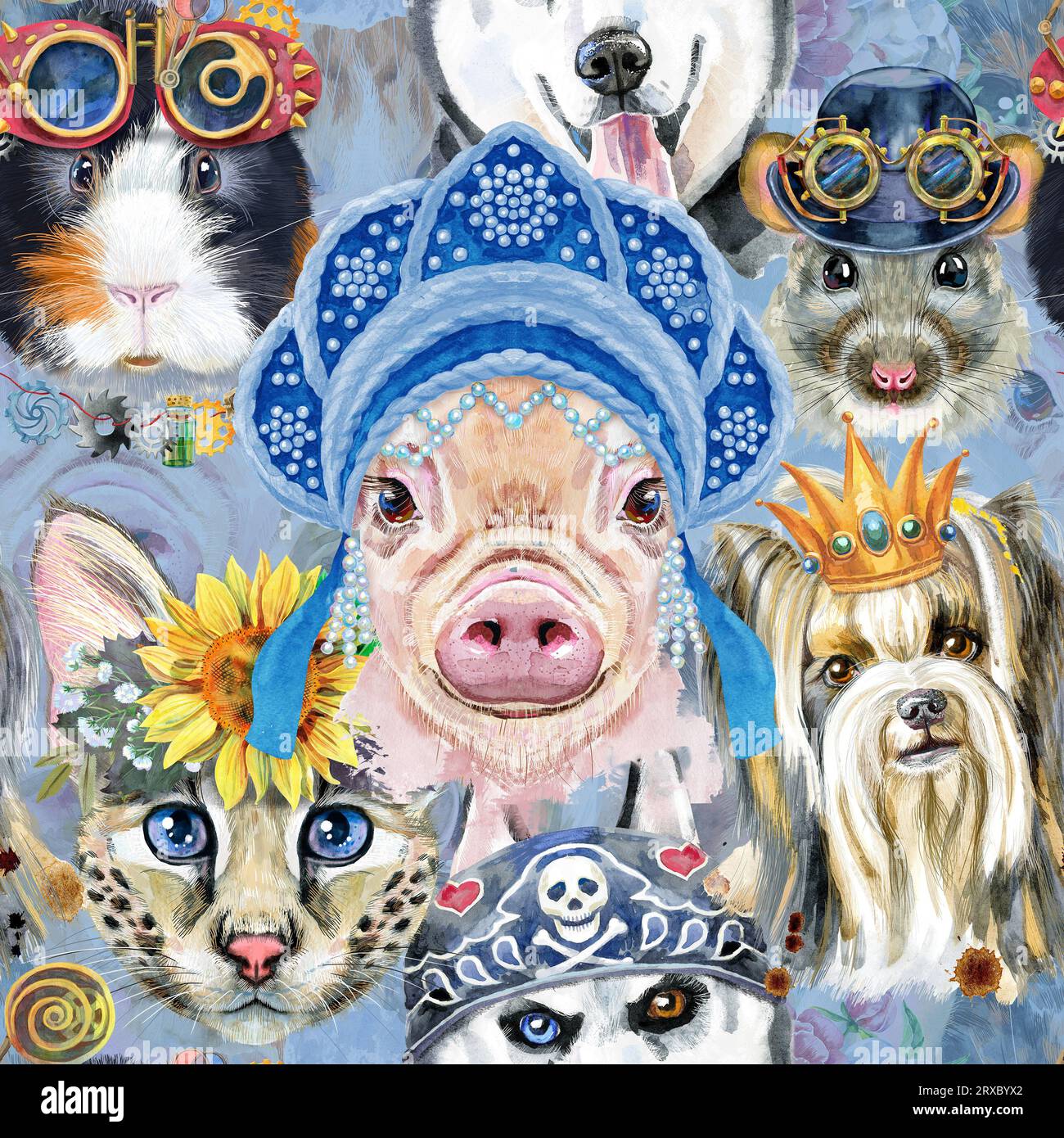 Seamless pets pattern. Hand painted watercolor drawing, isolate clip ...