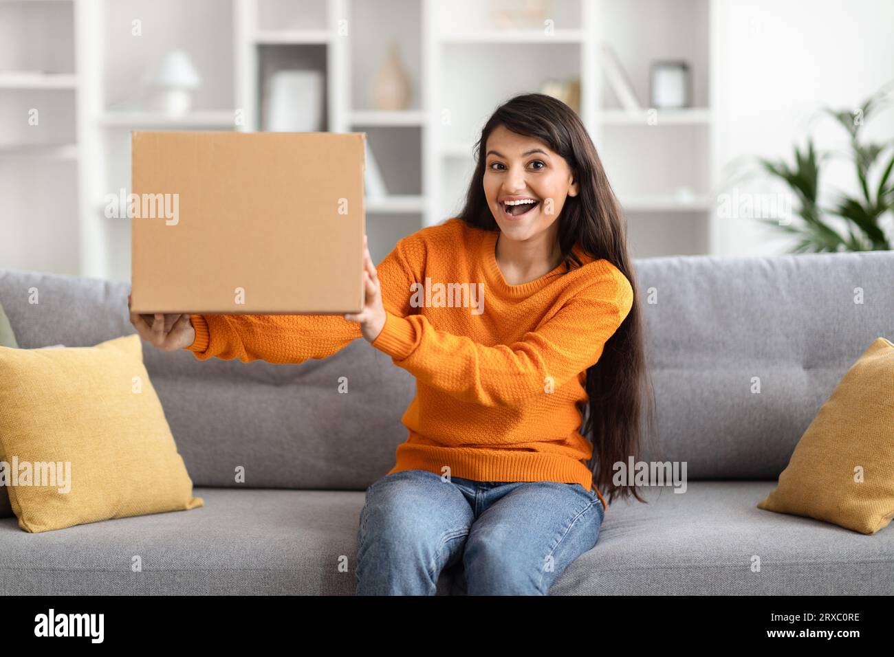 Happy hindu lady customer holding big box parcel, home interior Stock Photo - Alamy