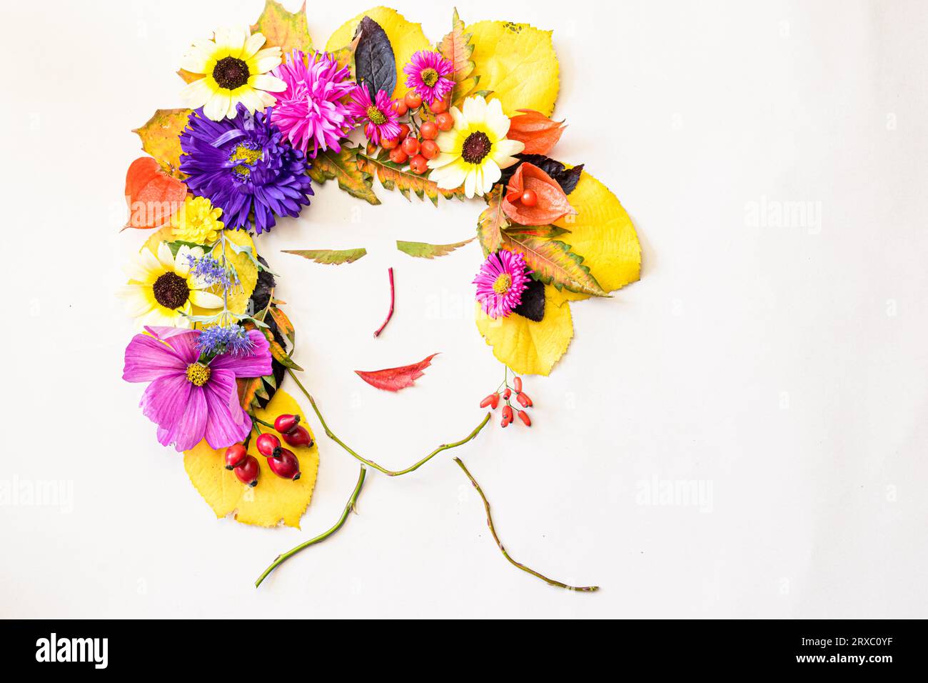 female face and hair made from colorful autumnal leaves and flowers ...
