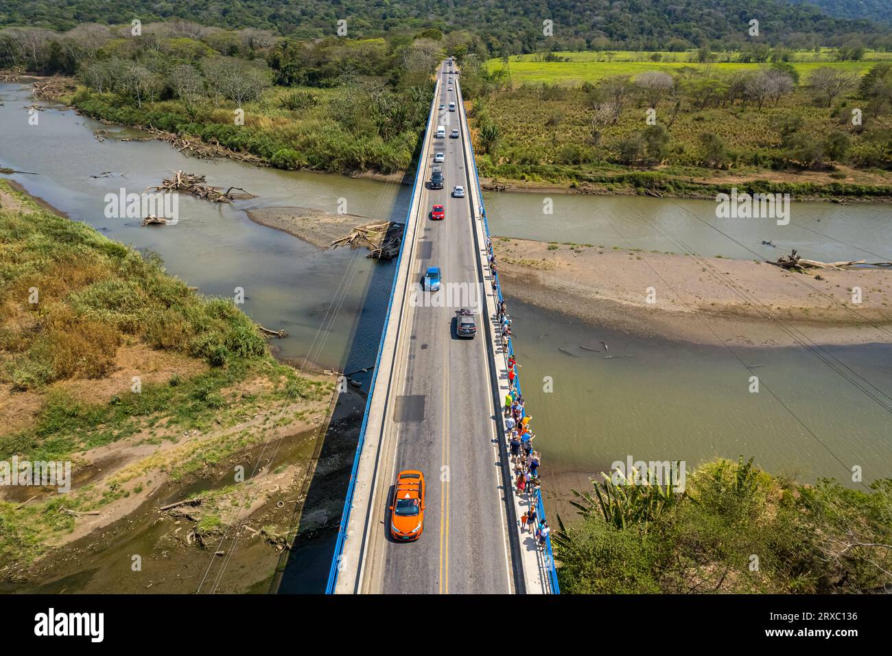 Beautiful aerial View of the Tarcoles river and bridge, with lots of ...