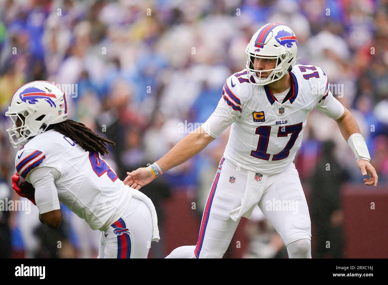 Buffalo Bills quarterback Josh Allen (17) handing off the ball to ...
