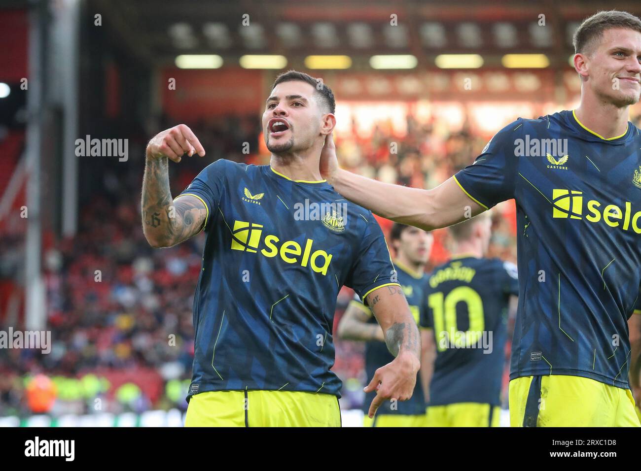 Bruno Guimarães #39 of Newcastle United celebrates his goal to make it ...