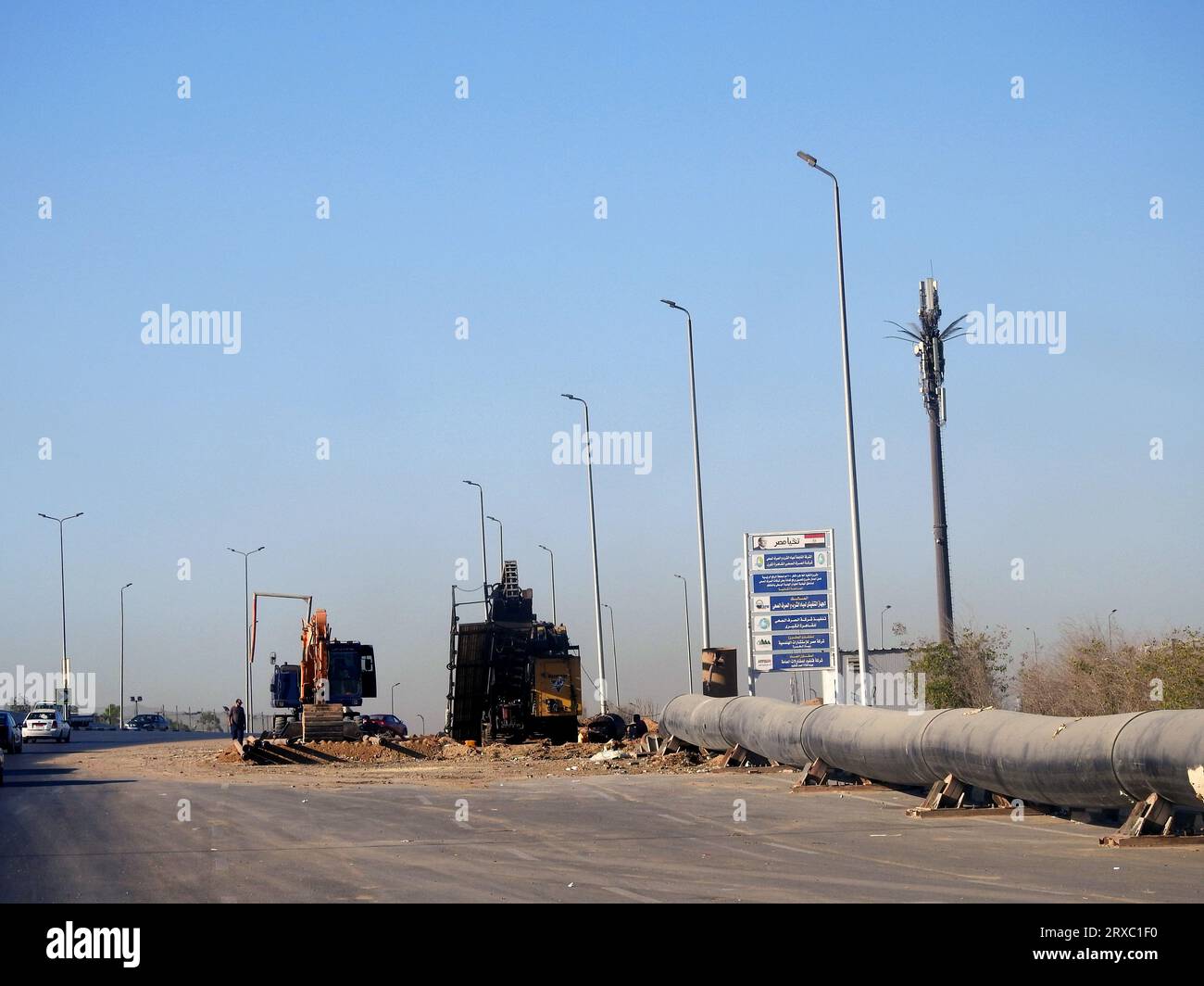 Cairo, Egypt, September 10 2023: preparations to place large water pipe ...