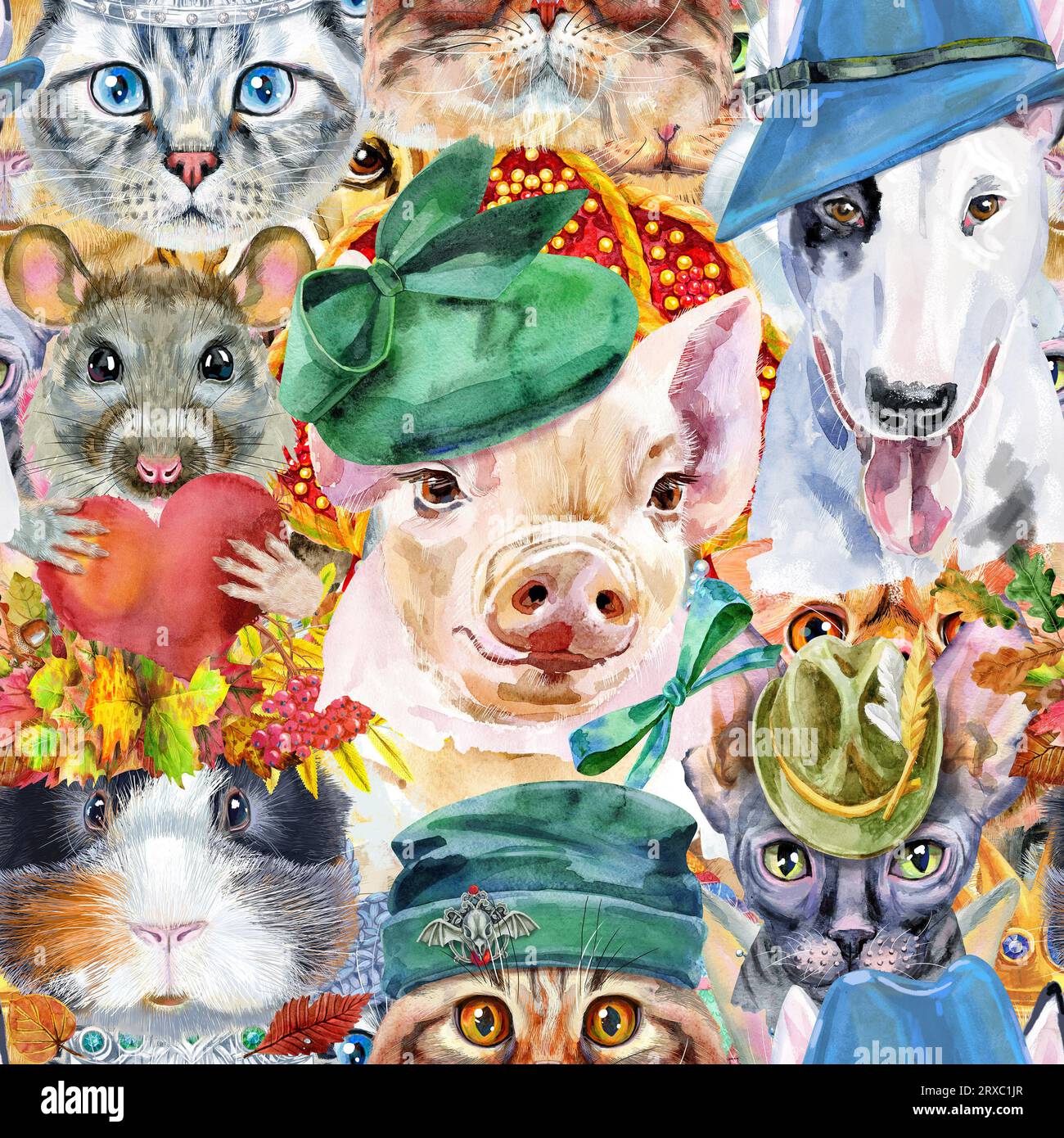 Seamless pets pattern. Hand painted watercolor drawing, isolate clip ...