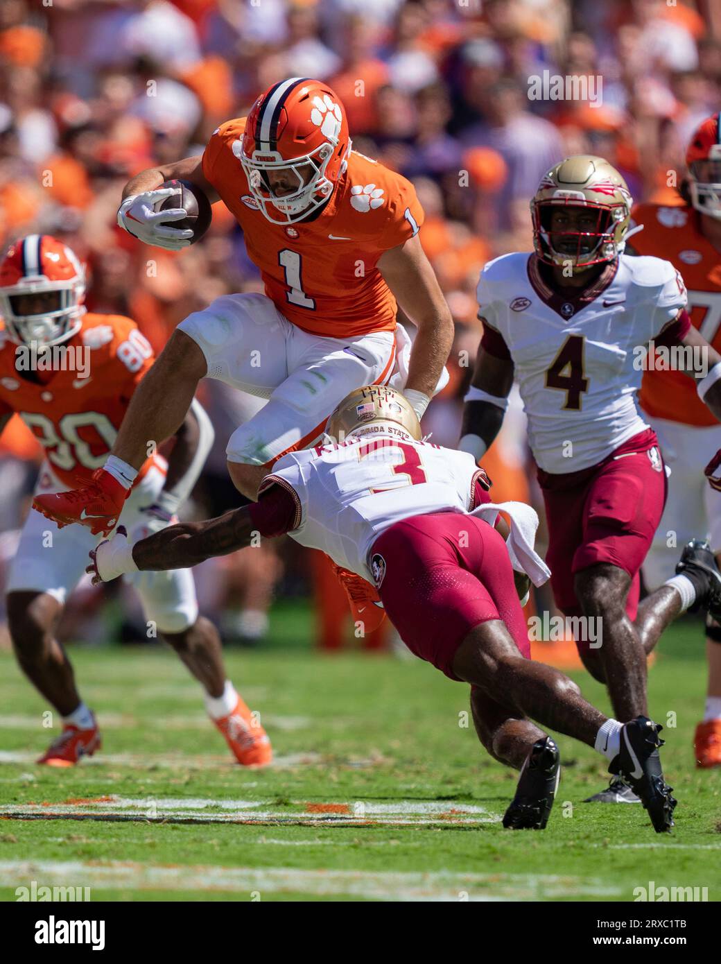 Clemson running back Will Shipley (1) jumps over Florida State ...