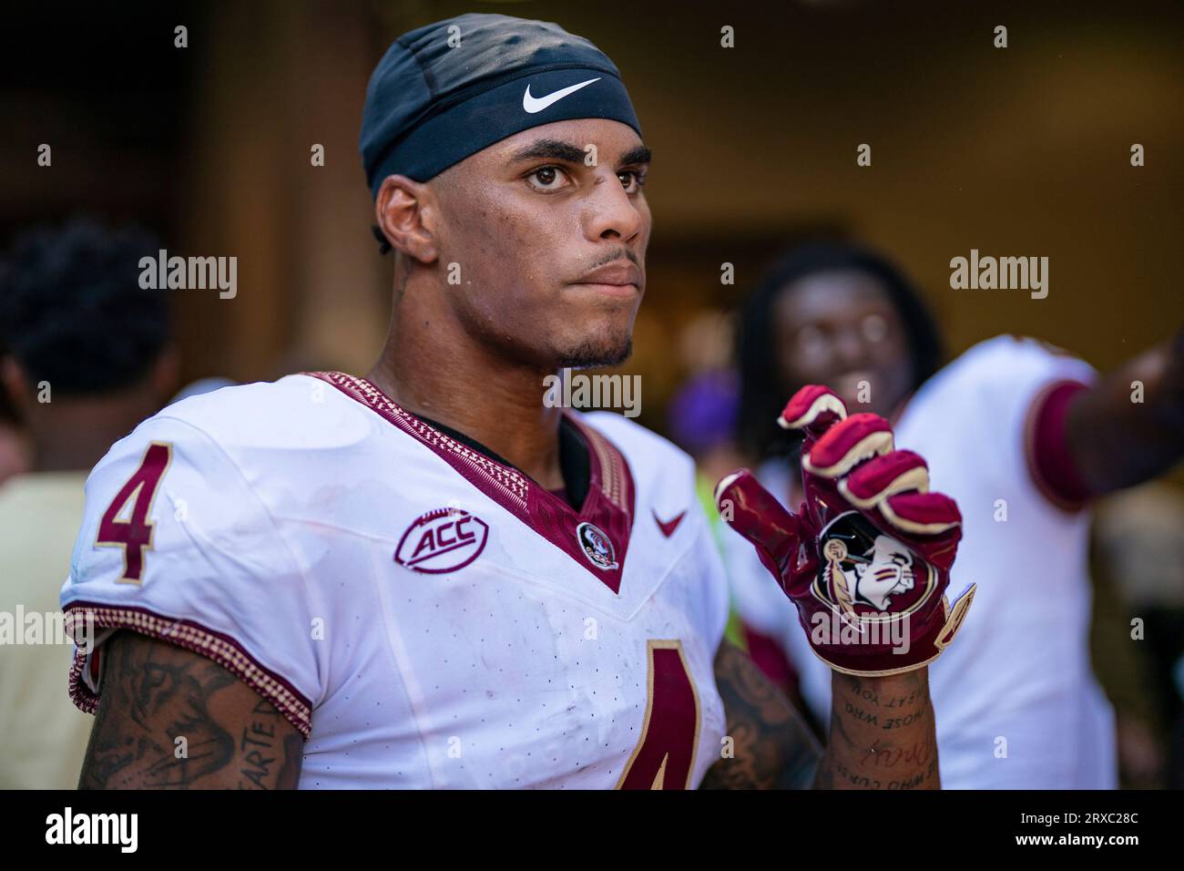 Florida State wide receiver Keon Coleman (4) looks on after defeating ...