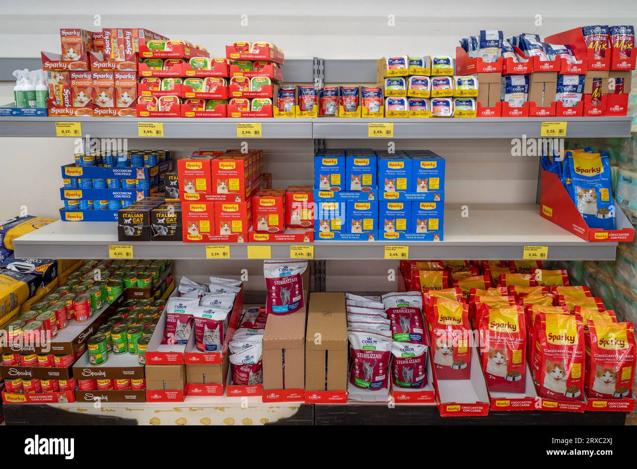 Italy - May 21, 2023: Cat food of various types and brands displayed on ...