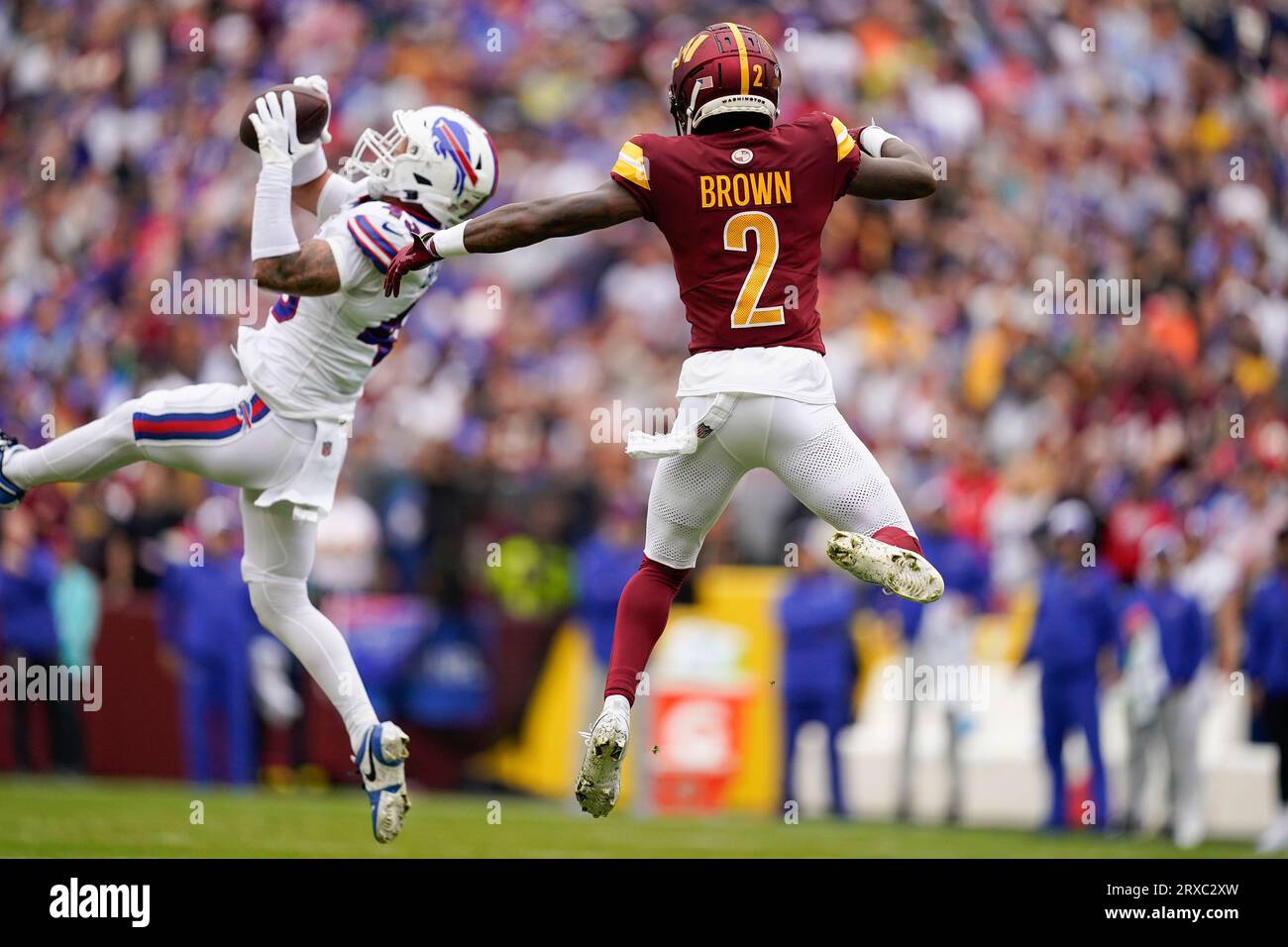 Buffalo Bills linebacker Terrel Bernard (43) intercepts a pass intended ...
