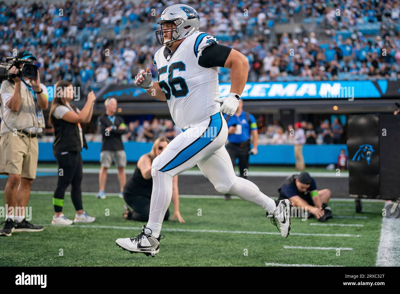 Carolina Panthers center Bradley Bozeman (56) runs onto the field at ...