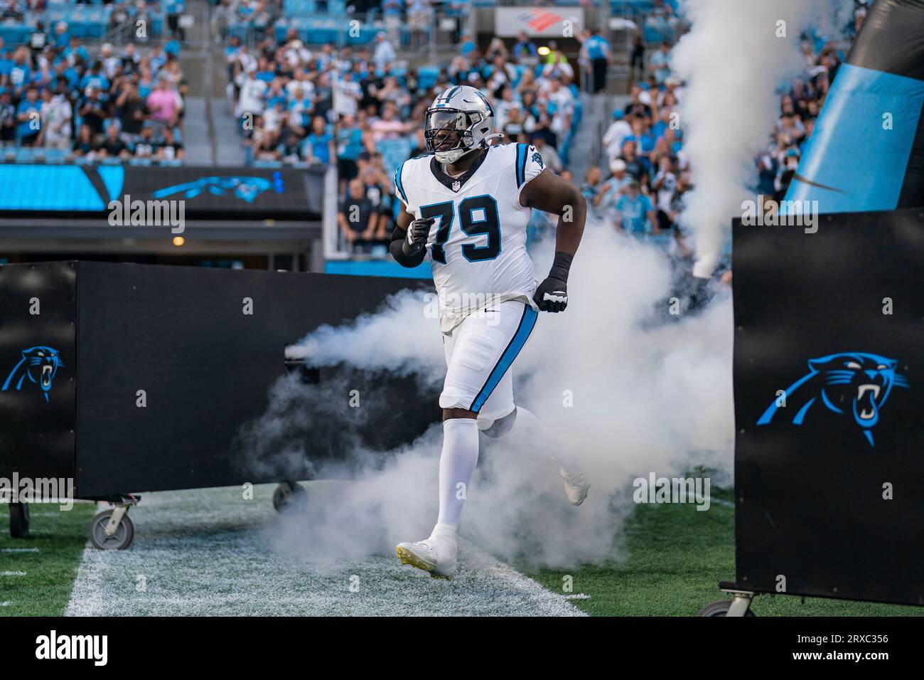 Carolina Panthers offensive tackle Ikem Ekwonu (79) runs onto the field ...