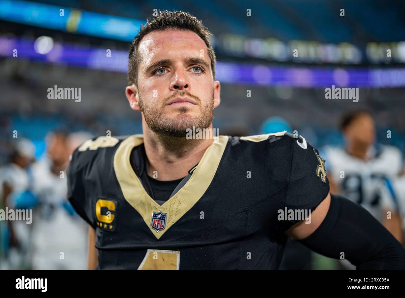 New Orleans Saints quarterback Derek Carr (4) walks off the field after ...