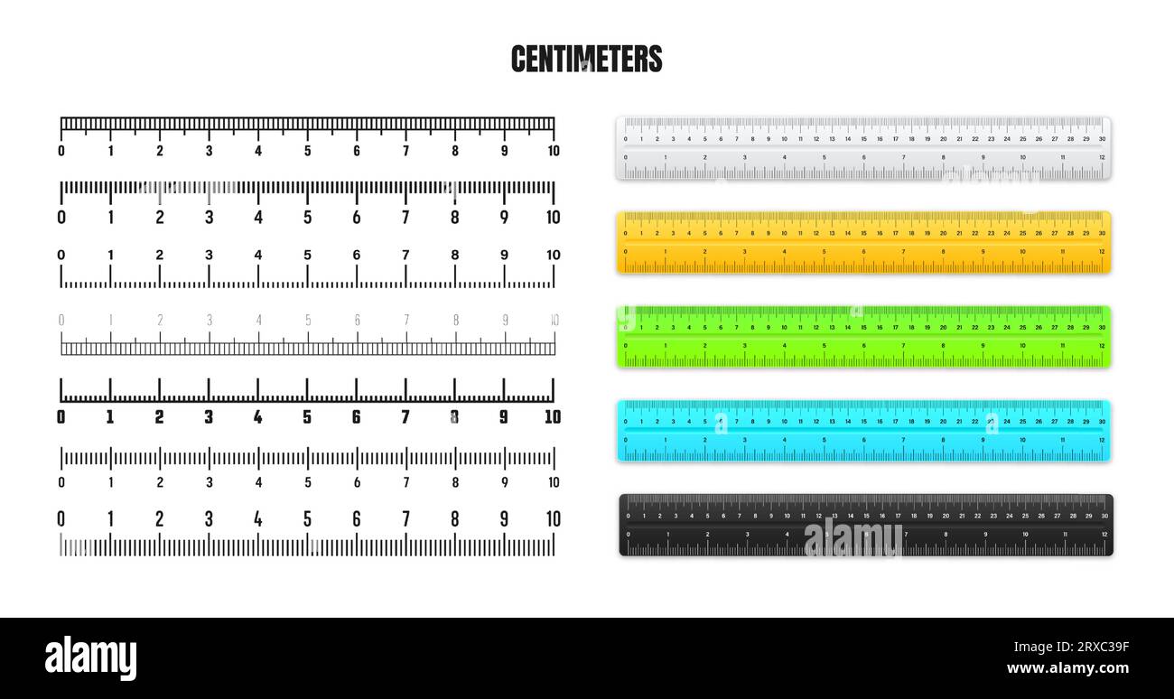 Realistic metal rulers with black centimeter scale for measuring length ...